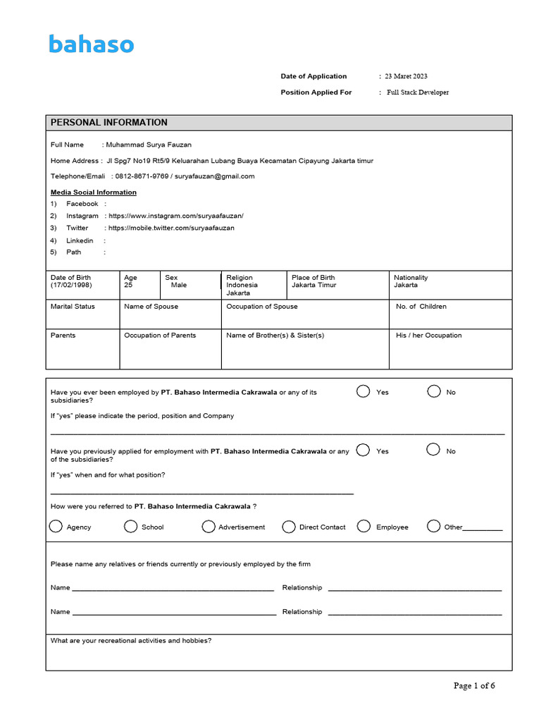 Form - Isian Karyawan Baru Bahaso | PDF | Salary | Physical Examination