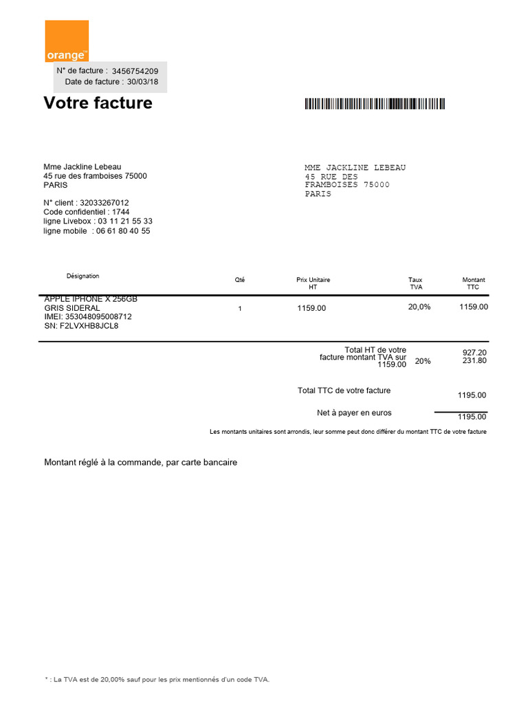 Facture iPhone X - Orange France | PDF | Taxe sur la valeur ajoutée ...