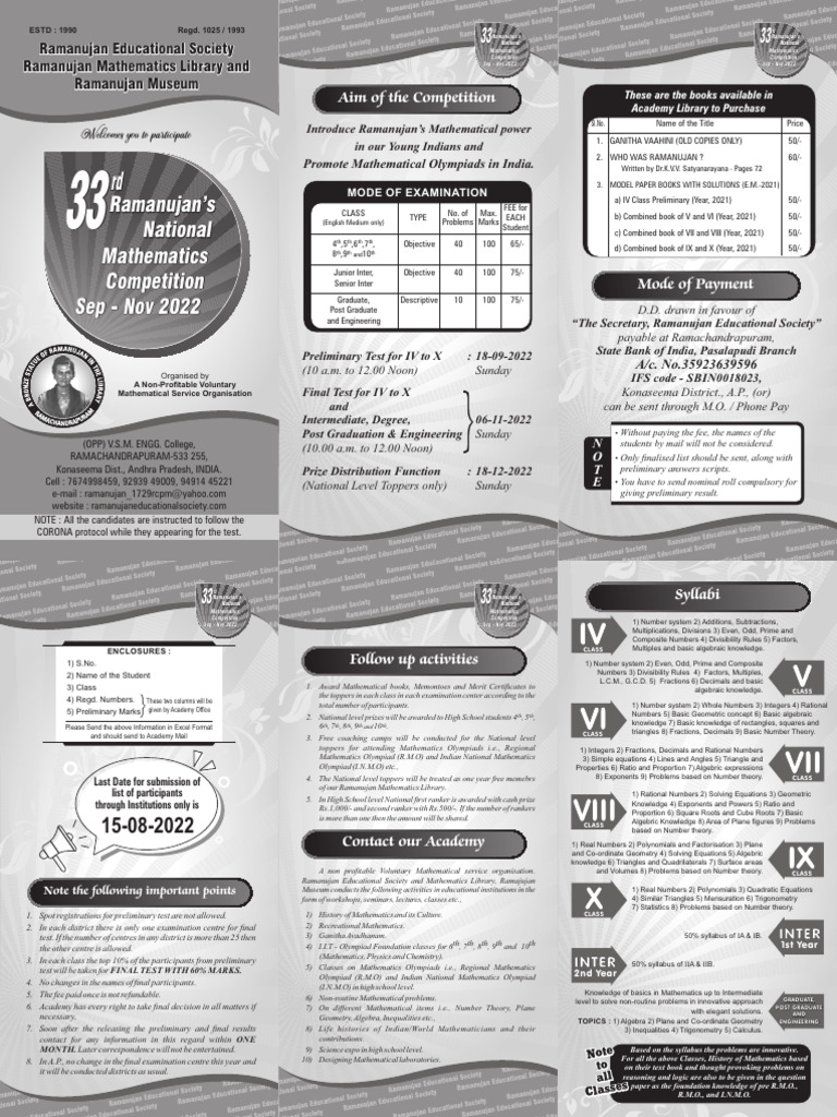Ramanujan's National Mathematics Competition - Brochure | PDF | Numbers | Algebra