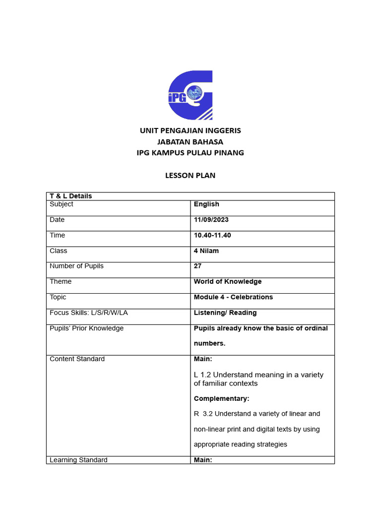 English Lesson Plan: Celebrations | PDF