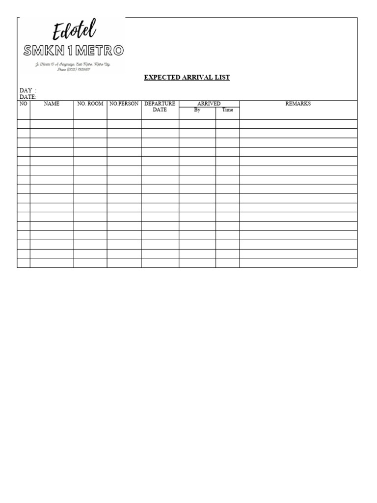 Expected Arrival List Template | PDF
