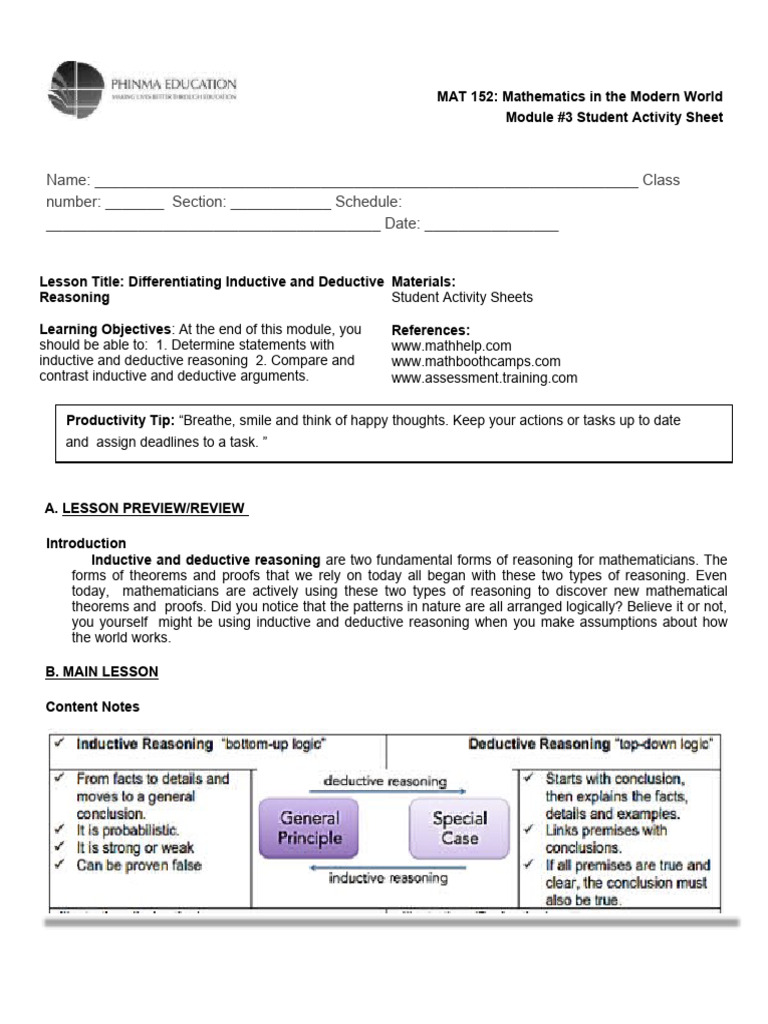 SAS03 MAT 152 Inductive and Deductive | PDF | Deductive Reasoning ...