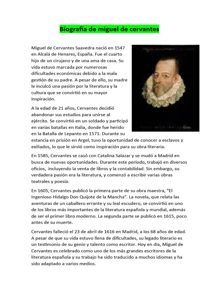 Biografía de Miguel de Cervantes Saavedra | PDF