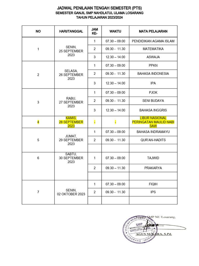 Jadwal PTS SMP Nahdlatul Ulama 2023 | PDF
