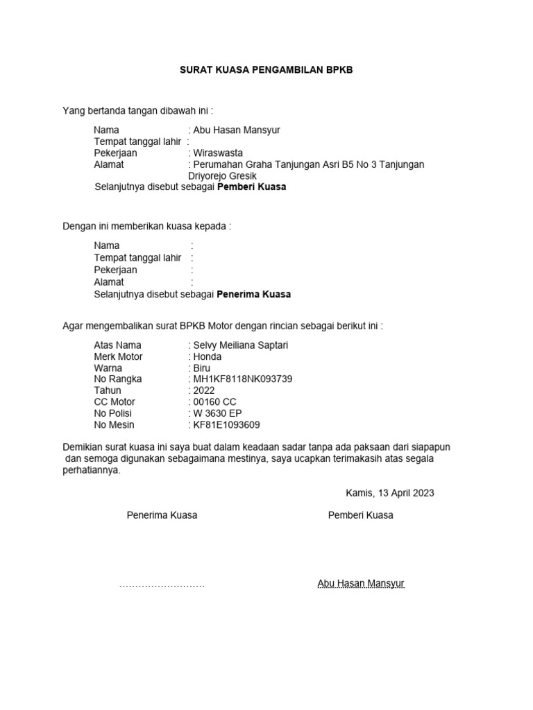 Surat Kuasa Pengambilan BPKB | PDF