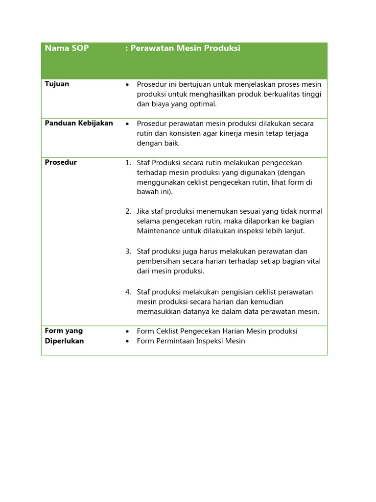 04 SOP Perawatan Mesin Produksi | PDF | Teknologi & Rekayasa