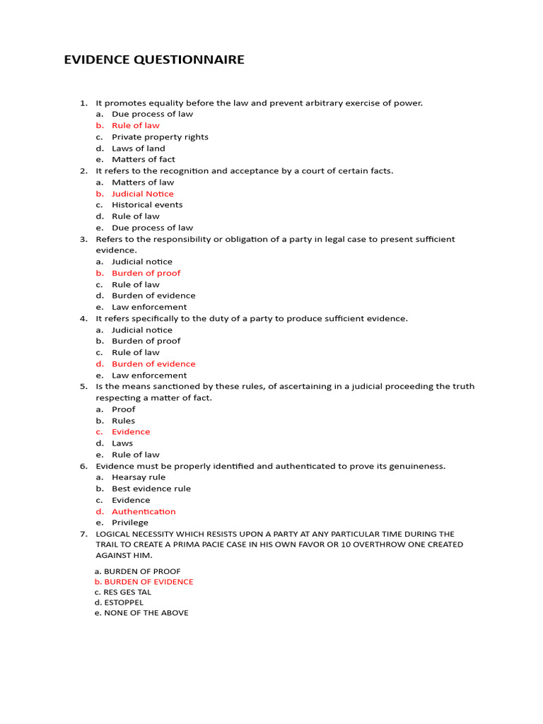 Evidence Prelim Questionnaire | PDF | Evidence (Law) | Burden Of Proof (Law)