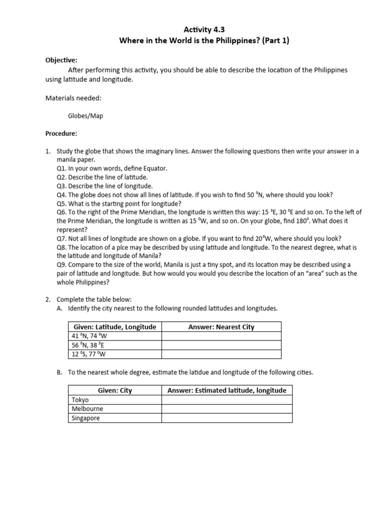 Activity 1 where in the world is the philippines | PDF