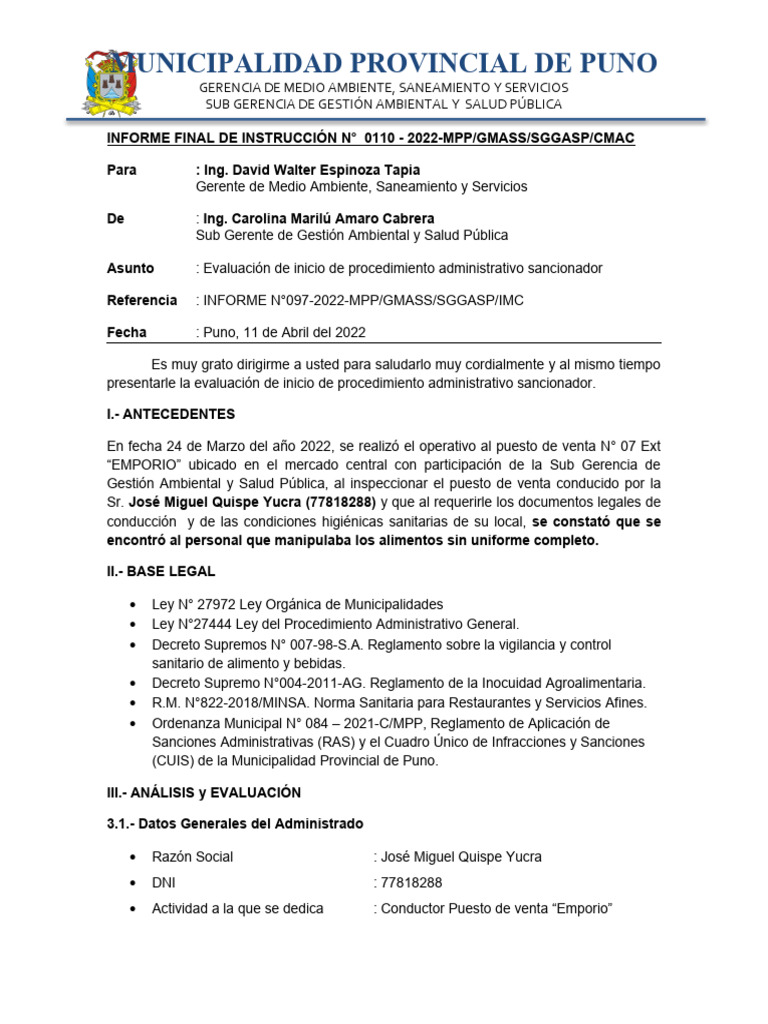 Informe Final de Instrucción N110 | PDF