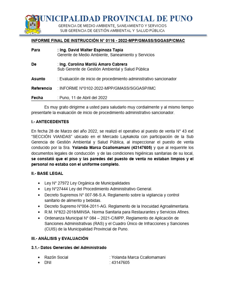 Informe Final de Instrucción N116 | PDF