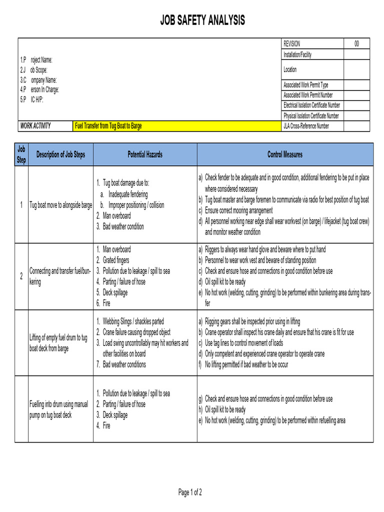 JSA Fuel Transfer From Tug Boat To Barge | PDF