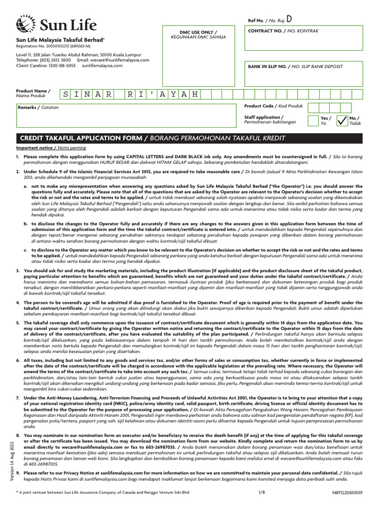 Sun Life Takaful Application Guide | PDF | Debit Card | Credit Card