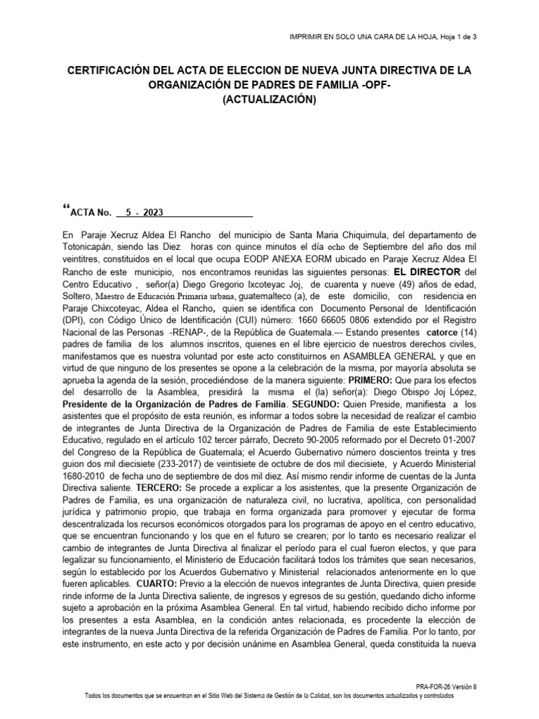 Certificación Del Acta de Eleccion de Nueva Junta Directiva Nivel 42 | PDF | Guatemala