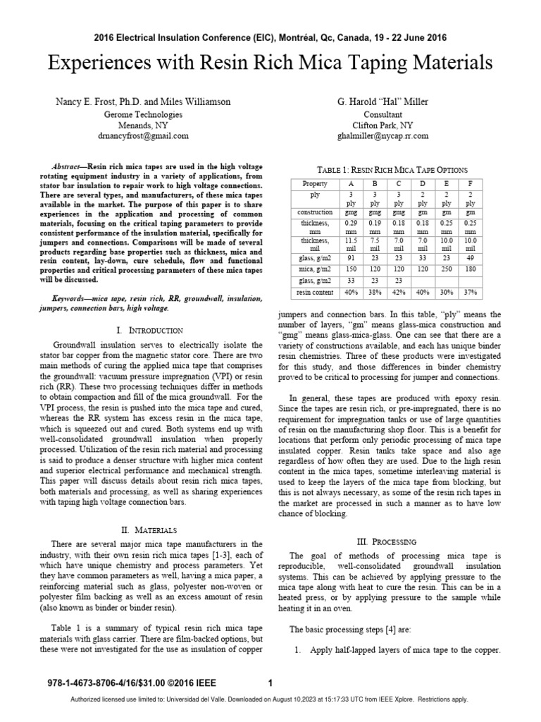 Experiences With Resin Rich Mica Taping Materials | PDF