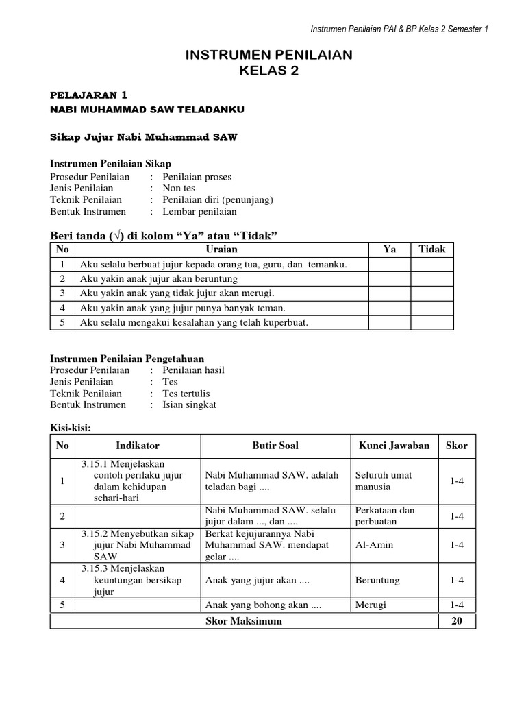 Instrumen Penilaian Kls 2 | PDF