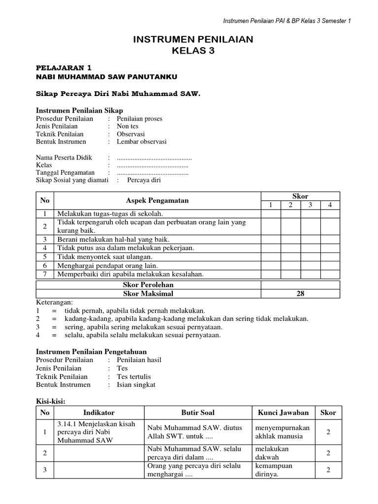Instrumen Penilaian Kls 3 | PDF