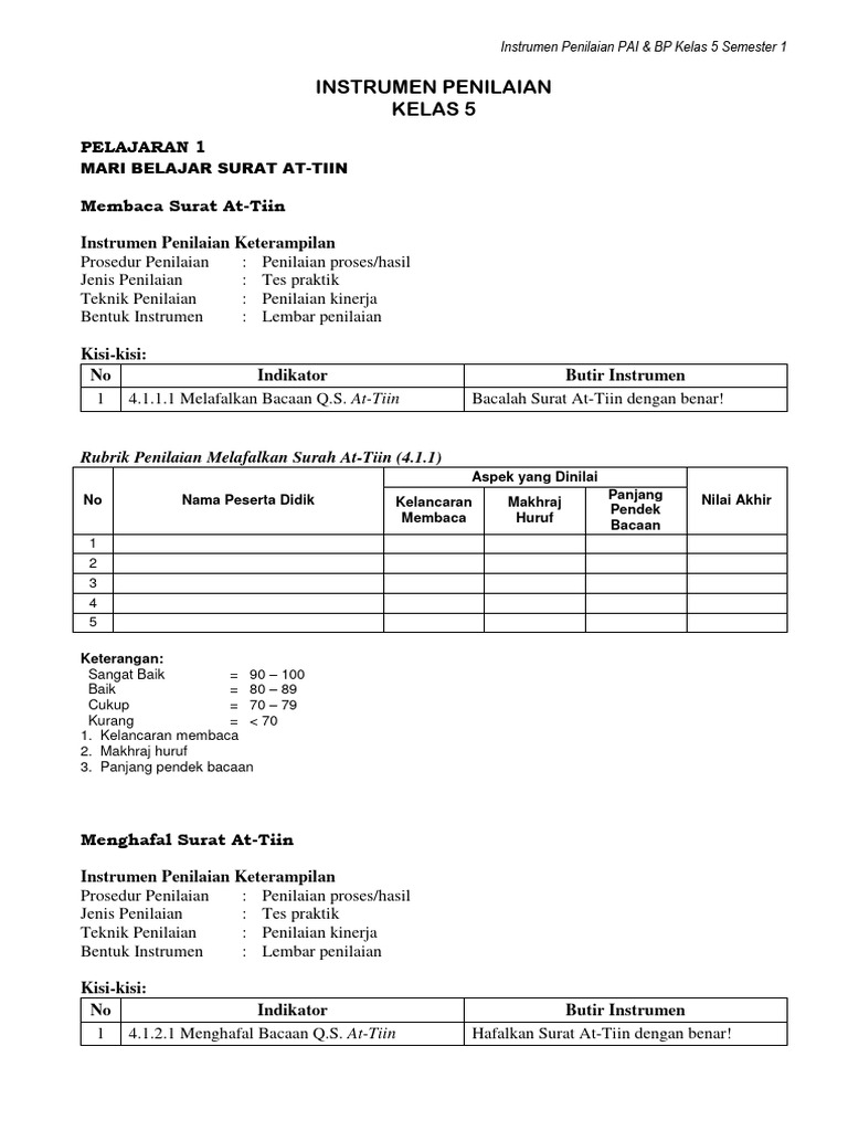 Instrumen Penilaian Kls 5 | PDF
