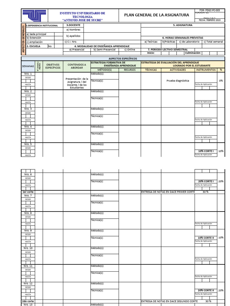 UTS Plan General de La Asignatura FORMATO Excel | PDF | Aprendizaje