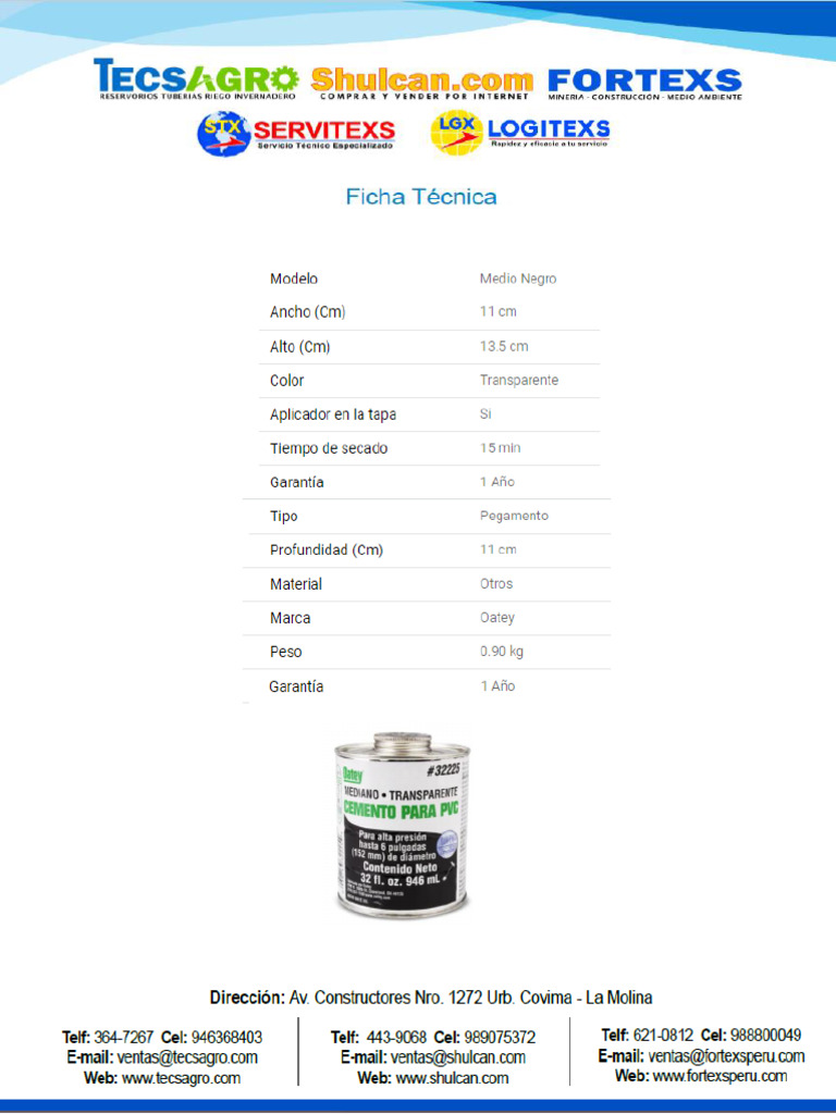 Ficha Tecnica Pegamento Oatey | PDF