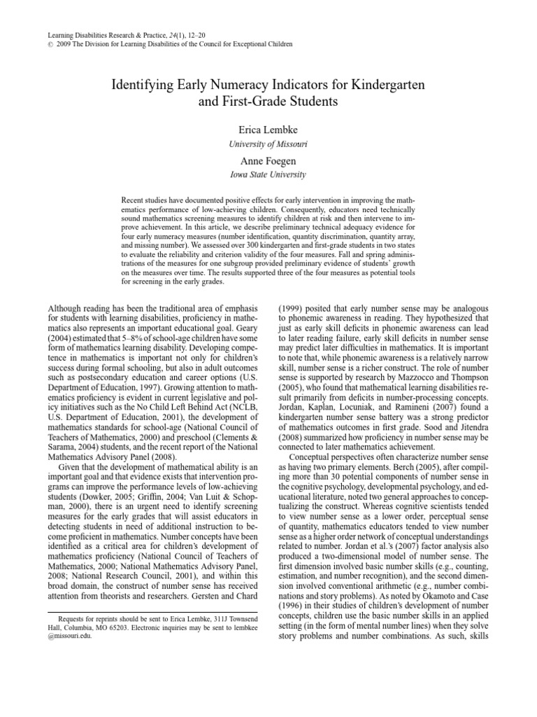 2009 - Identifying Early Numeracy Indicators For Kindergarten and First ...