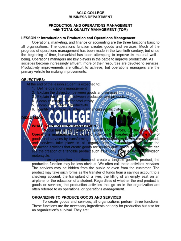 1 Handout POM With TQM Lesson 1 Introduction To Production and ...