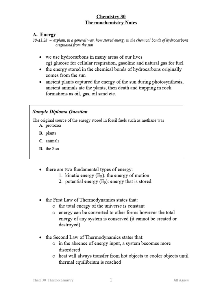 Chemistry 30 Thermochemistry Notes | PDF