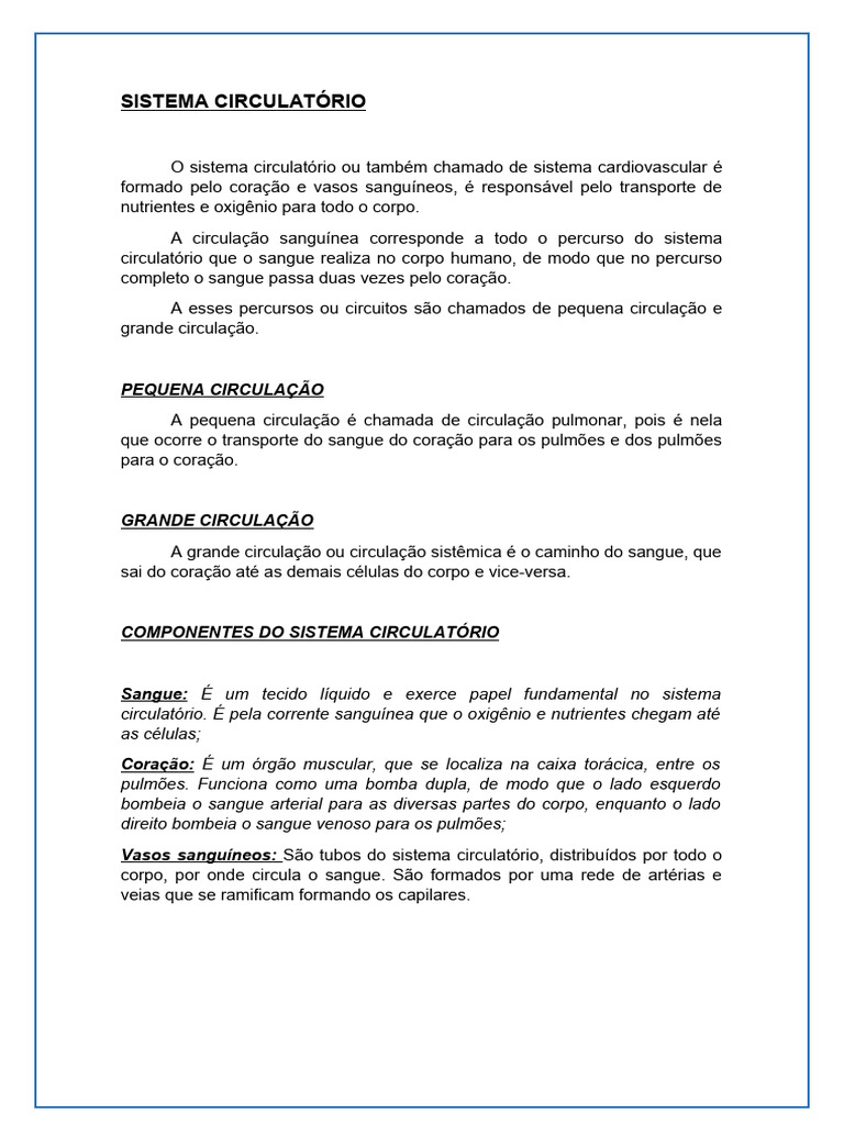 Introdução ao Sistema Circulatório | PDF