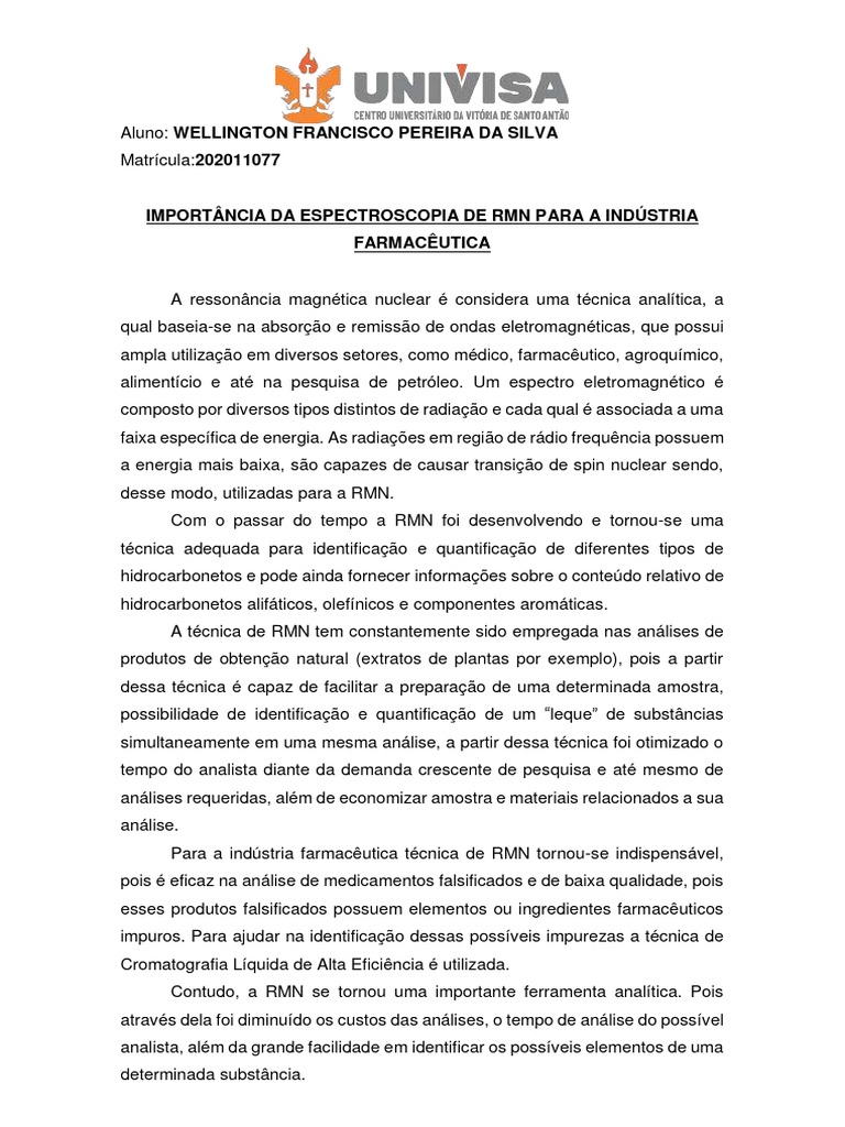 Importância da RMN na Indústria Farmacêutica | PDF
