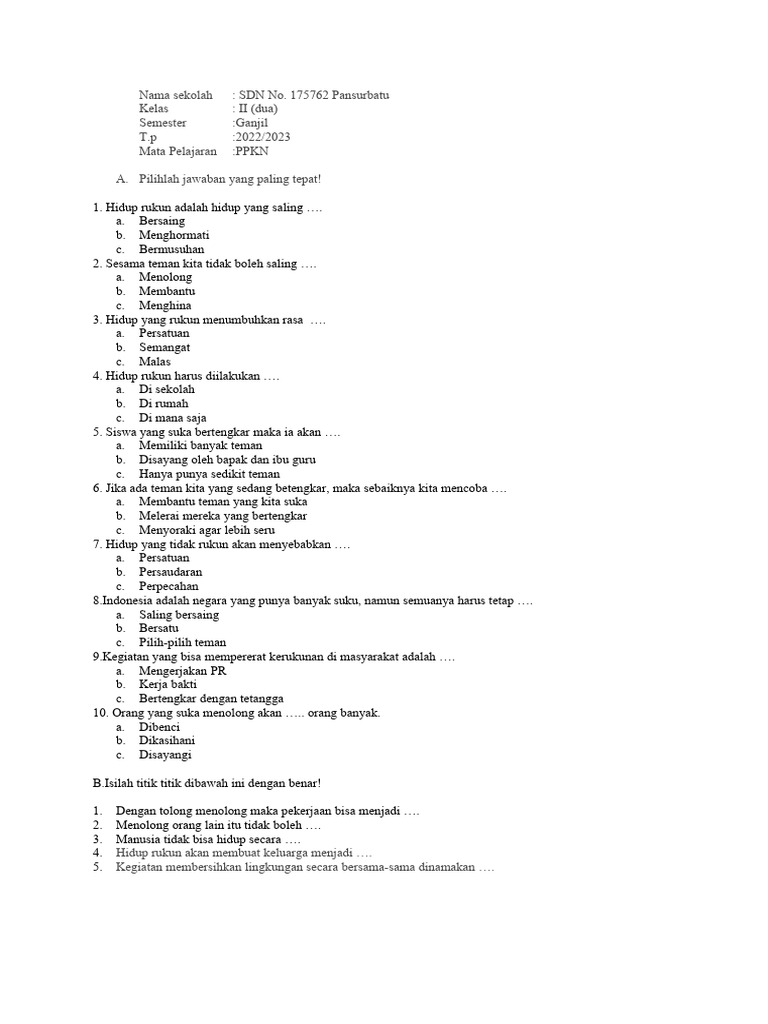 Soal PPKN & B. Indonesia Kelas 2 SD | PDF | Olahraga & Rekreasi