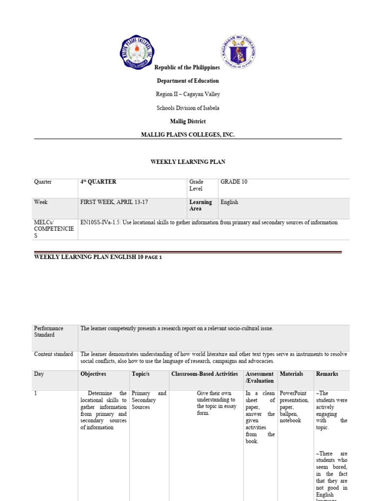 WLP English 10 | PDF | Learning | Information