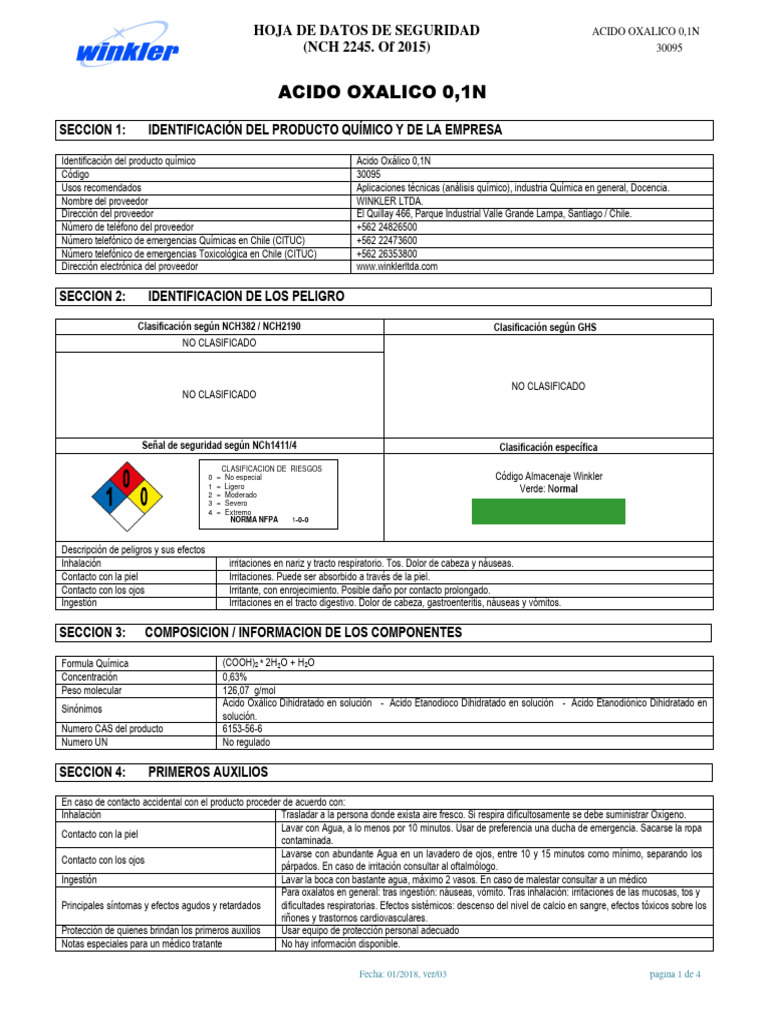 Hoja Seguridad Ácido Oxálico 0,1N | PDF | Agua | Combustión