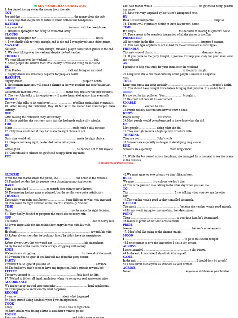 50 Key Words Transformation For Advanced | PDF