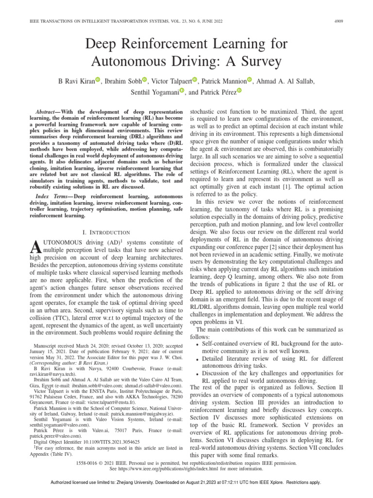 Deep Reinforcement Learning For Autonomous Driving A Survey | PDF | Business | Computers