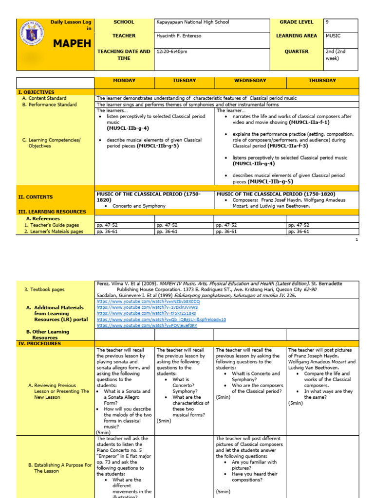 Q2 Grade 9 Music DLL Week 2 | PDF | Classical Period (Music) | Concerto