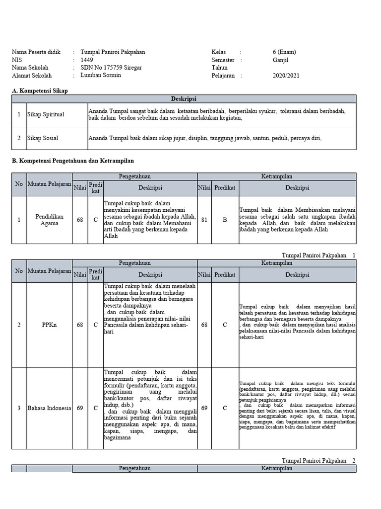Rapot Kelas 6 Sem 1 | PDF