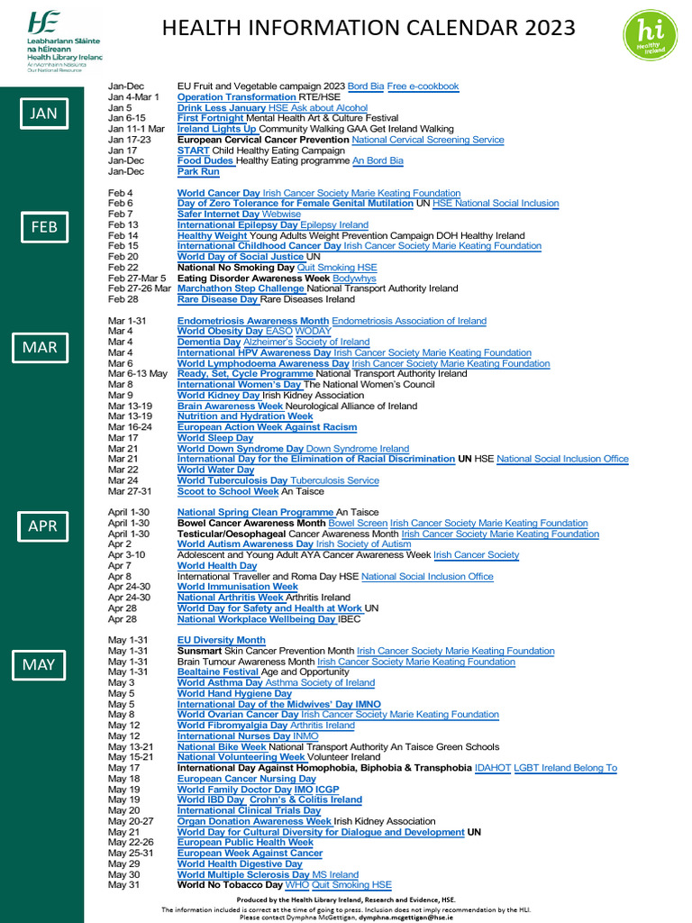 Health Awareness Calendar 2023 | PDF | Cancer | Palliative Care