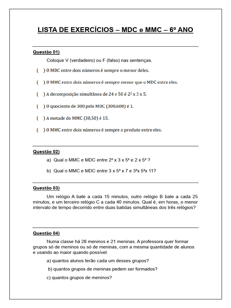 Lista de Exercícios - MMC e MDC | PDF