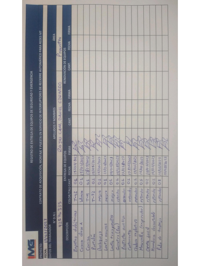 Registro Entrega EPPs Daniel Rojas | PDF