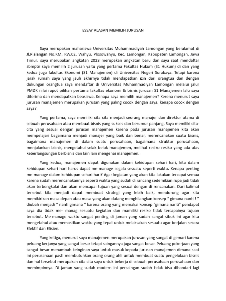 Essay Alasan Memilih Jurusan | PDF