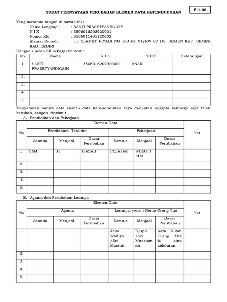 F-1.06-Surat Pernyataan Perubahan Elemen Data Kependudukan | PDF