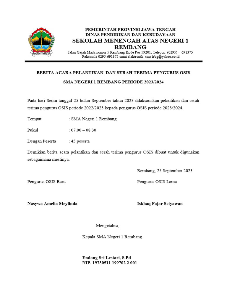BERITA ACARA PELANTIKAN DAN SERAH TERIMA PENGURUS OSIS Dan MPK | PDF