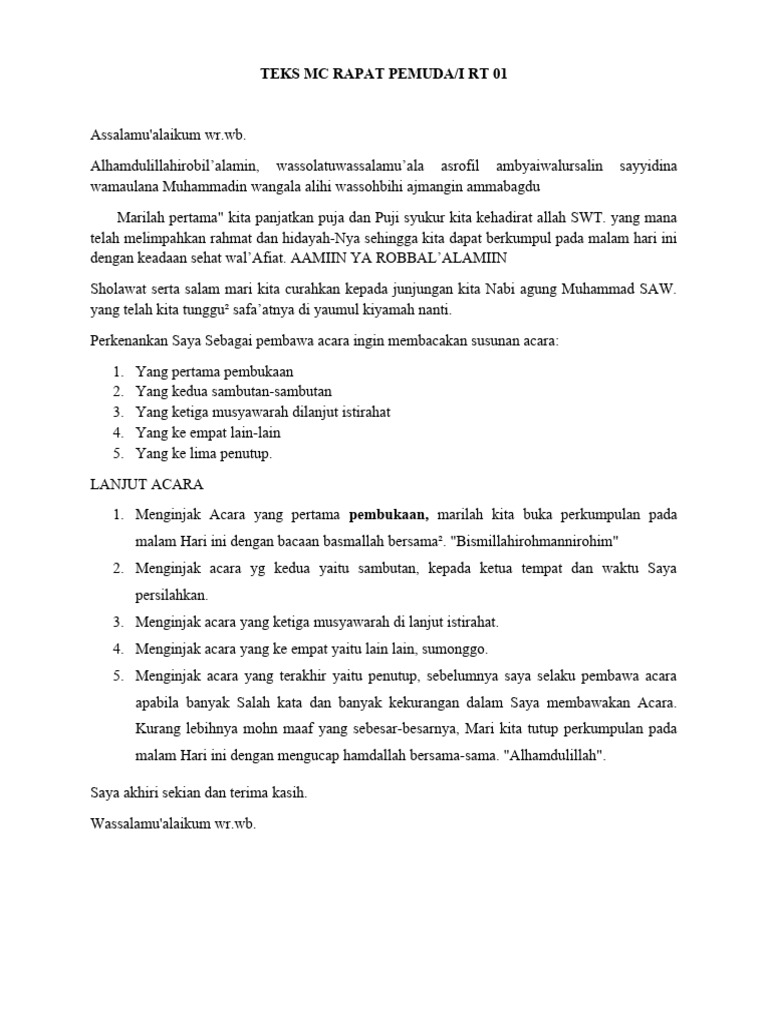 Teks MC Rapat Pemuda RT 01 | PDF