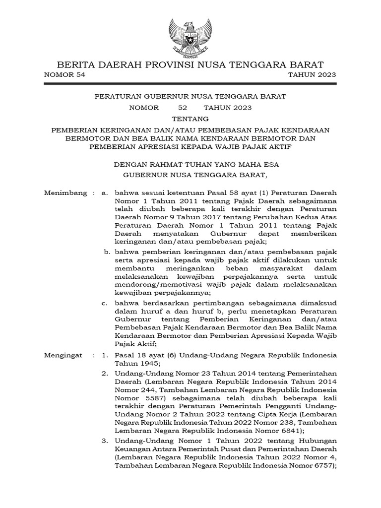 Pergub No. 52 Tahun 2023 - Keringan PKB Dan BBNKB | PDF