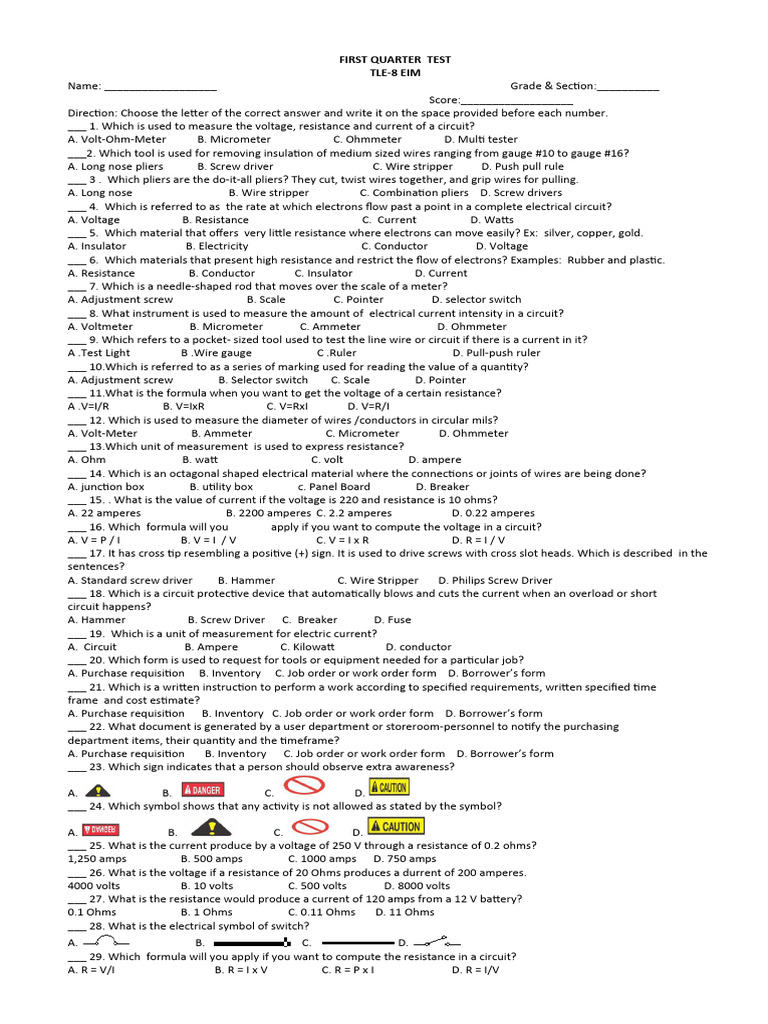 TLE-EIM Exam | PDF | Electrical Resistance And Conductance | Hazards