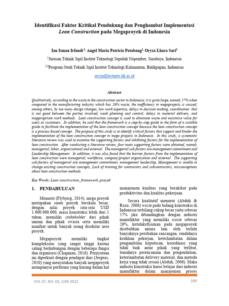 Jurnal - Identifikasi Faktor Kritikal Pendukung & Penghambat Implementasi Lean Construction Pada ...