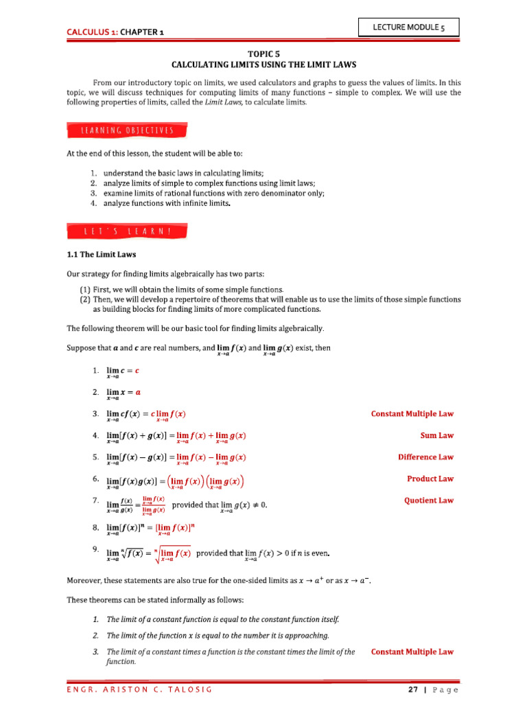 Module 5 - Calculating Limits Using The Limit Laws | PDF