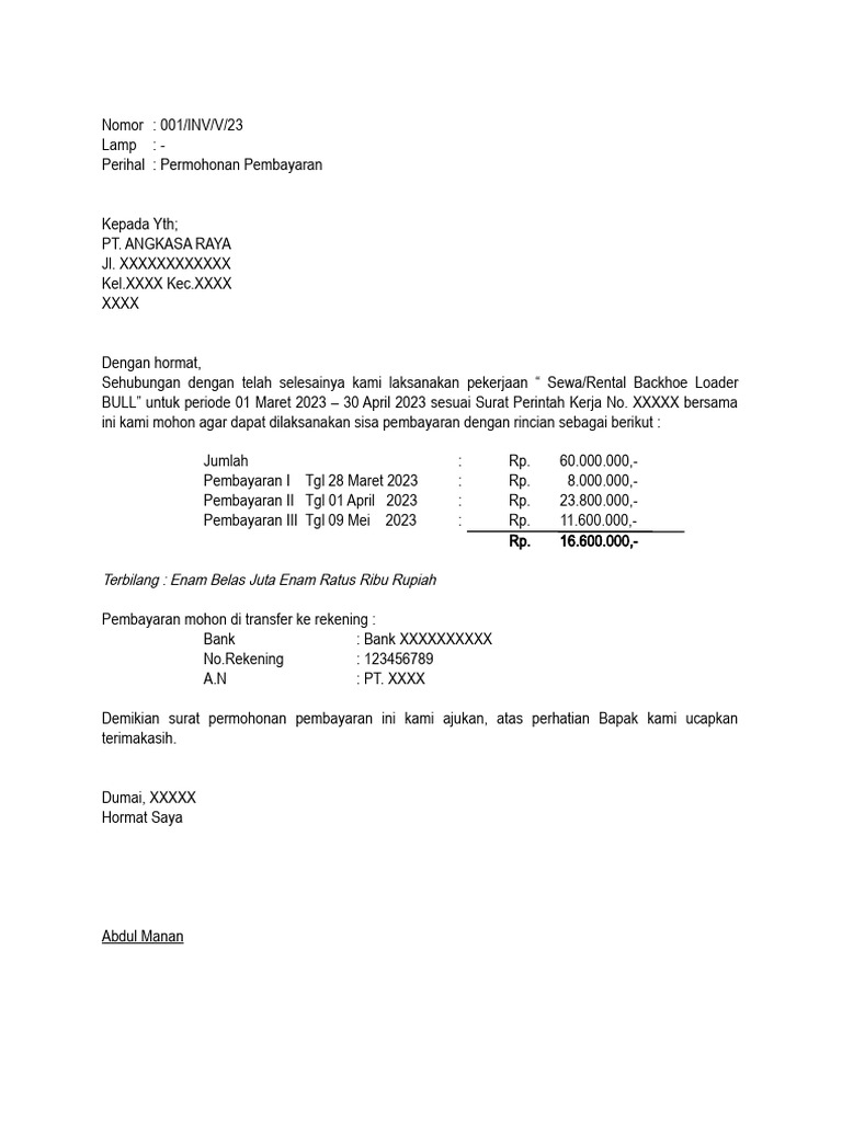 Permohonan Pembayaran Sewa Backhoe Loader | PDF