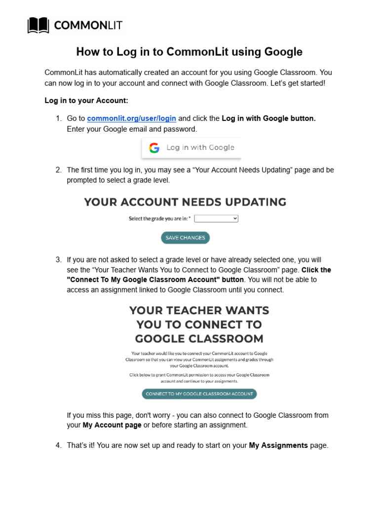 CommonLit - Google Classroom Student Account Set Up | PDF