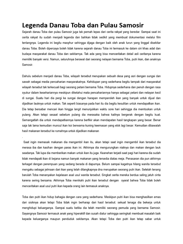 Legenda Danau Toba Dan Pulau Samosir | PDF