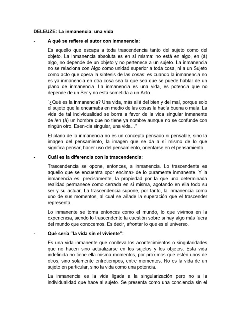 DELEUZE - La Inmanencia, Una Vida Guia | PDF | Trascendencia (filosofía ...